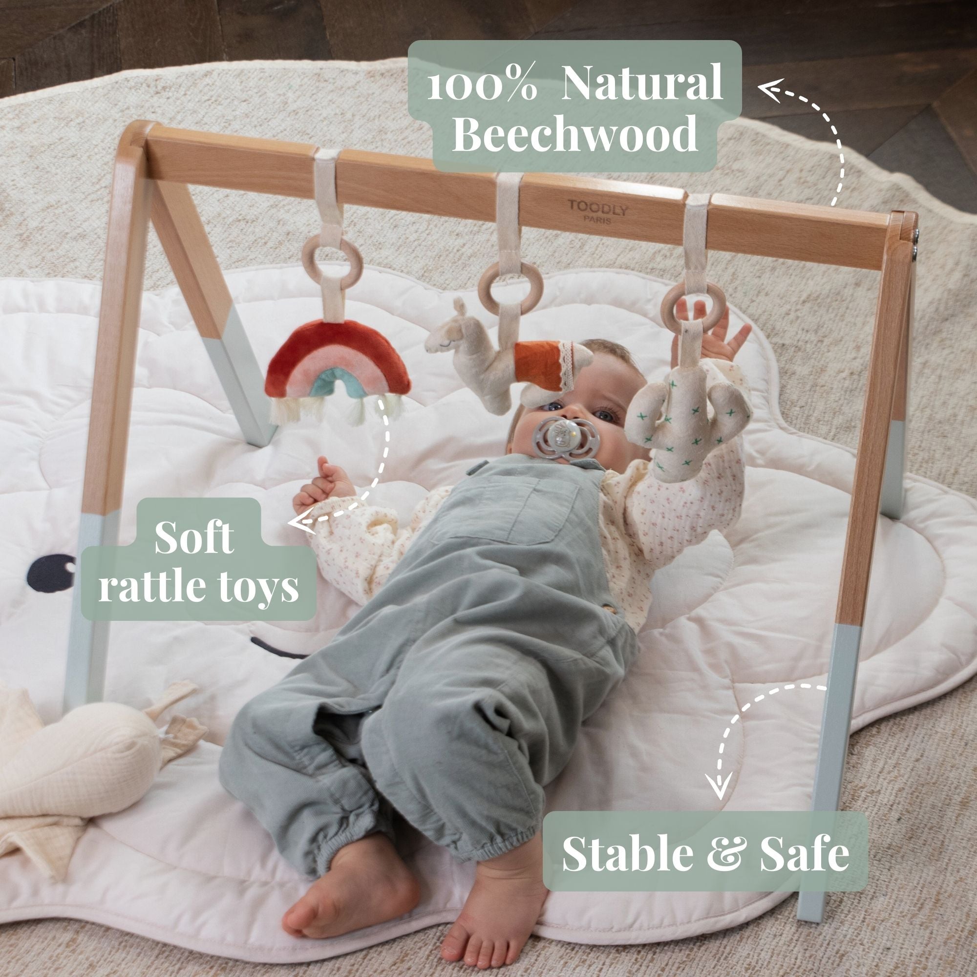 Playful Baby Wooden Baby Play Gym with 3 Hanging Plush Toys – Toodly Paris